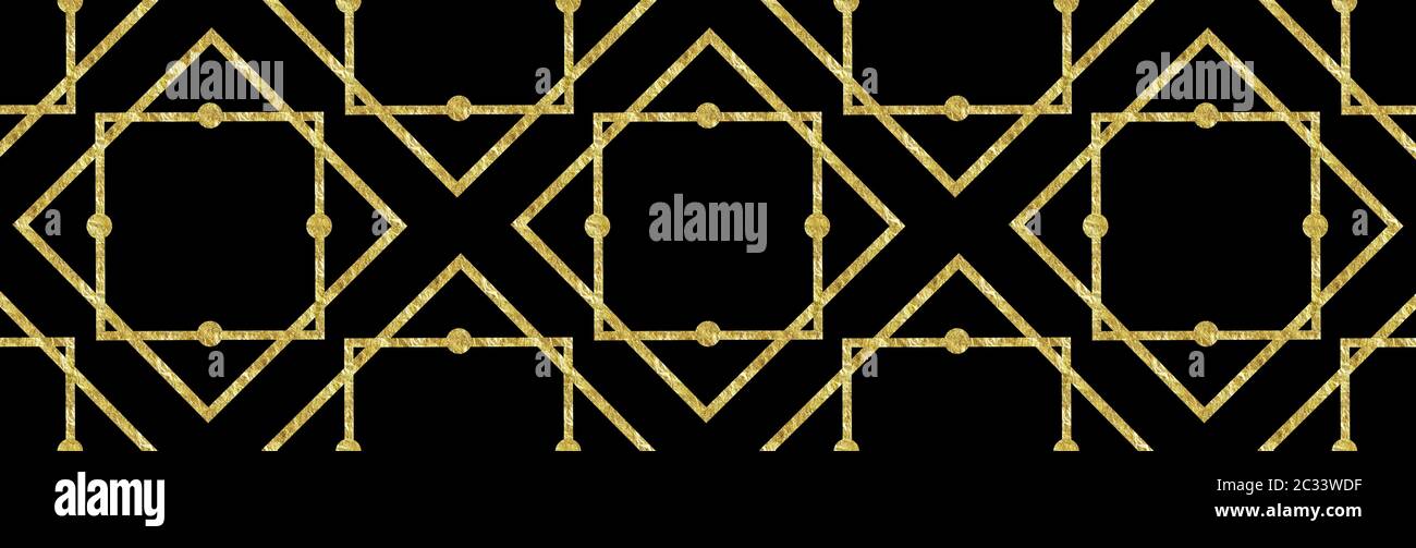 Seamless repeating banner tile with a golden line art design on black ...