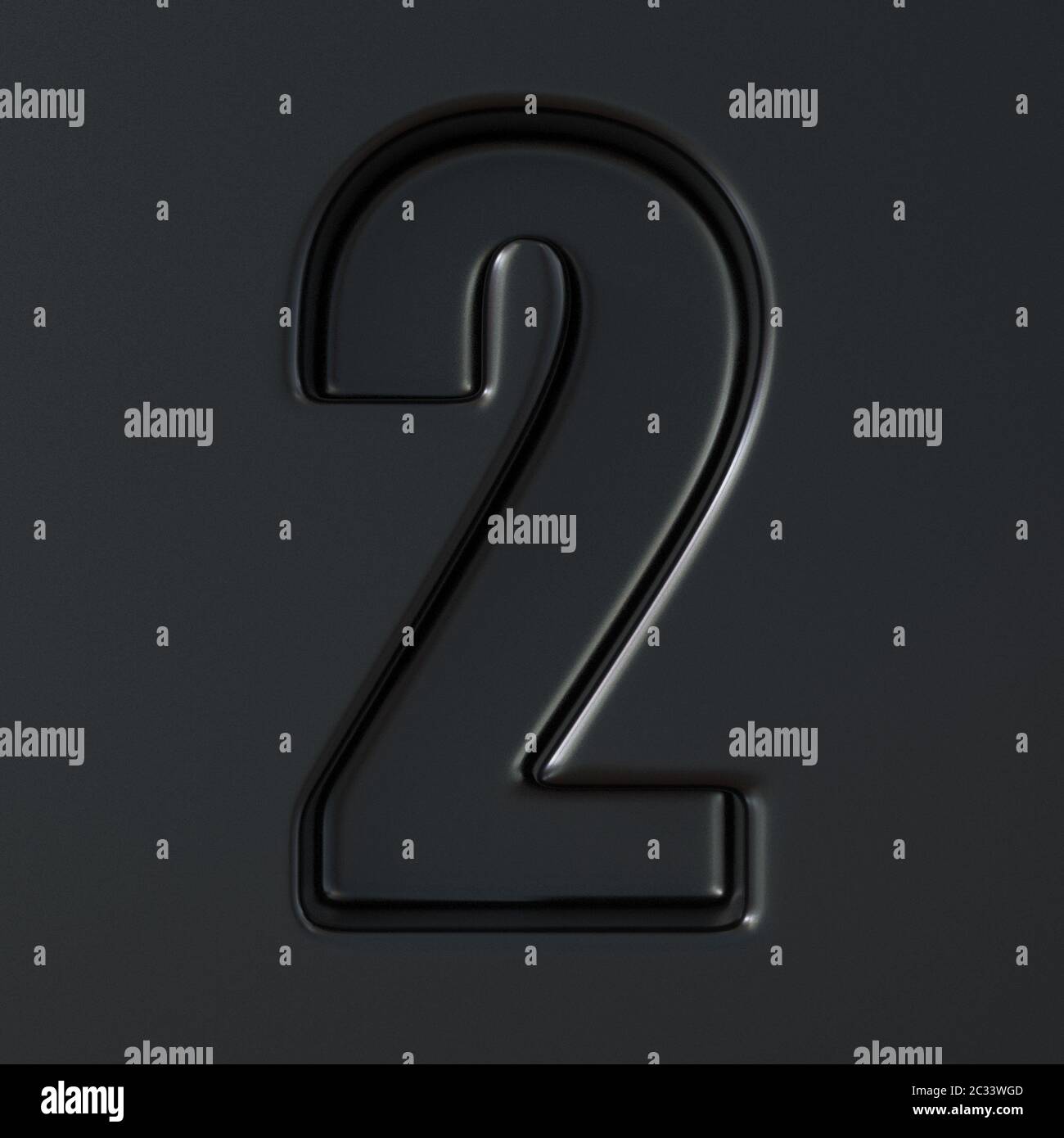 Black engraved font Number 2 TWO 3D render illustration on black ...