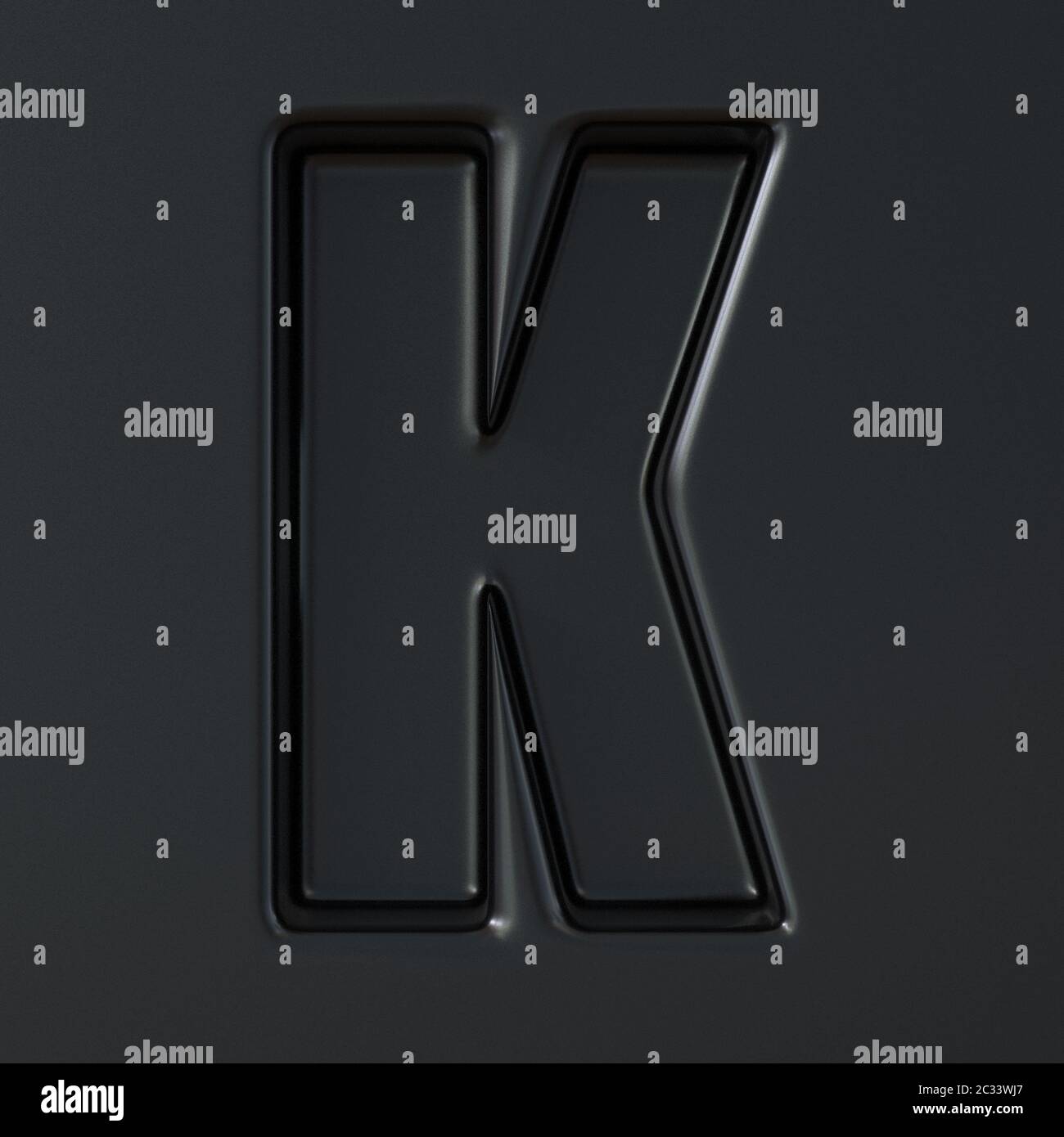 Black engraved font Letter K 3D render illustration on black background ...