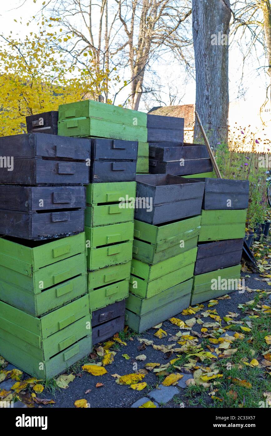 Stacked Wooden Boxes and Crates Outdoor Stock Photo - Alamy