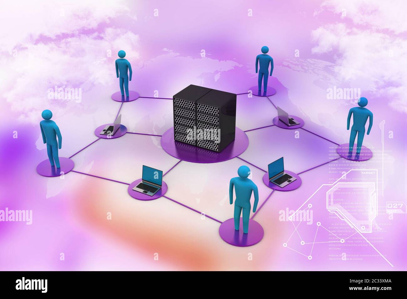 Human with laptop with big server Net Work firewall. 3D Image Stock ...