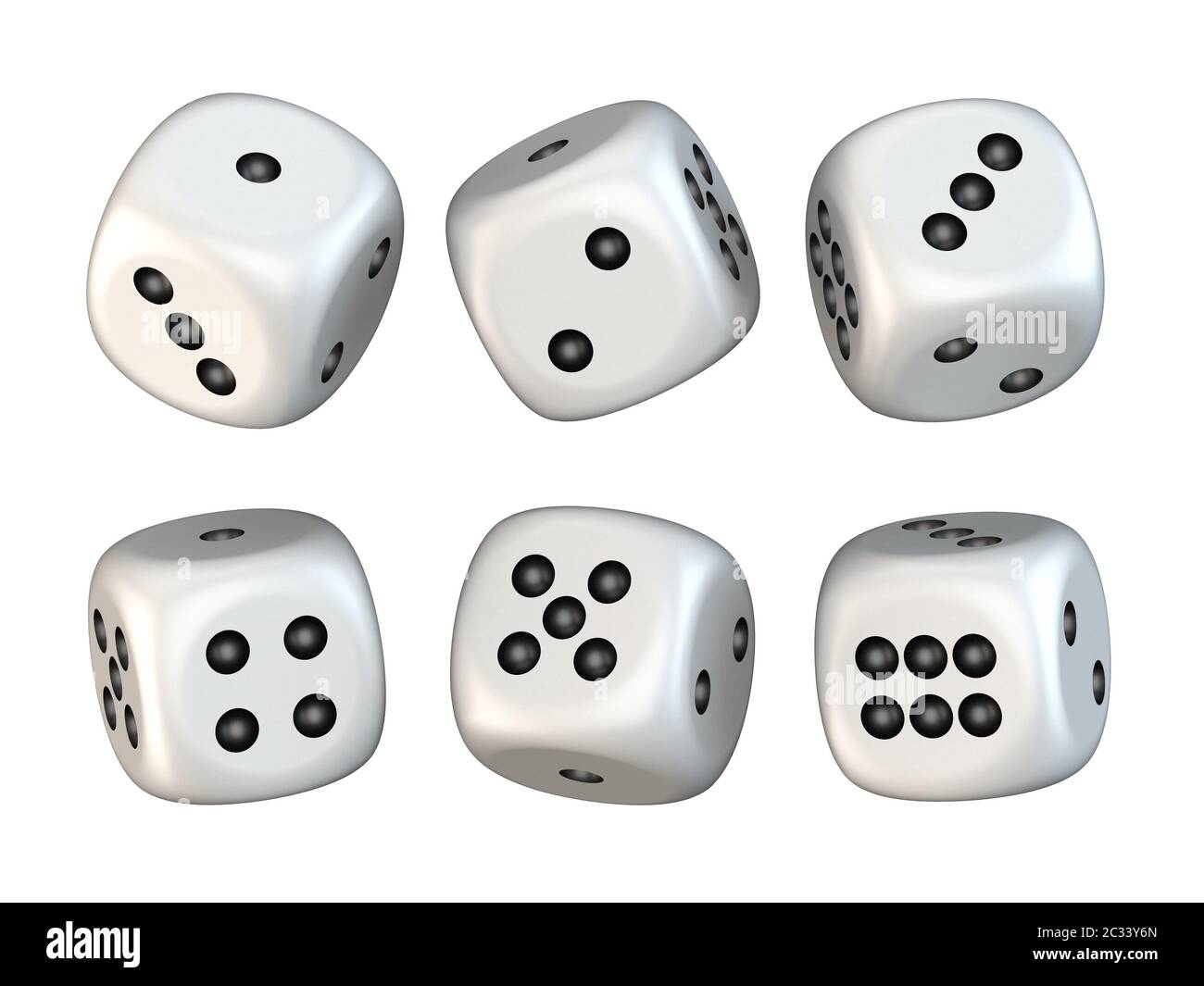 Six white game dices randomly rotated 3D render illustration isolated ...