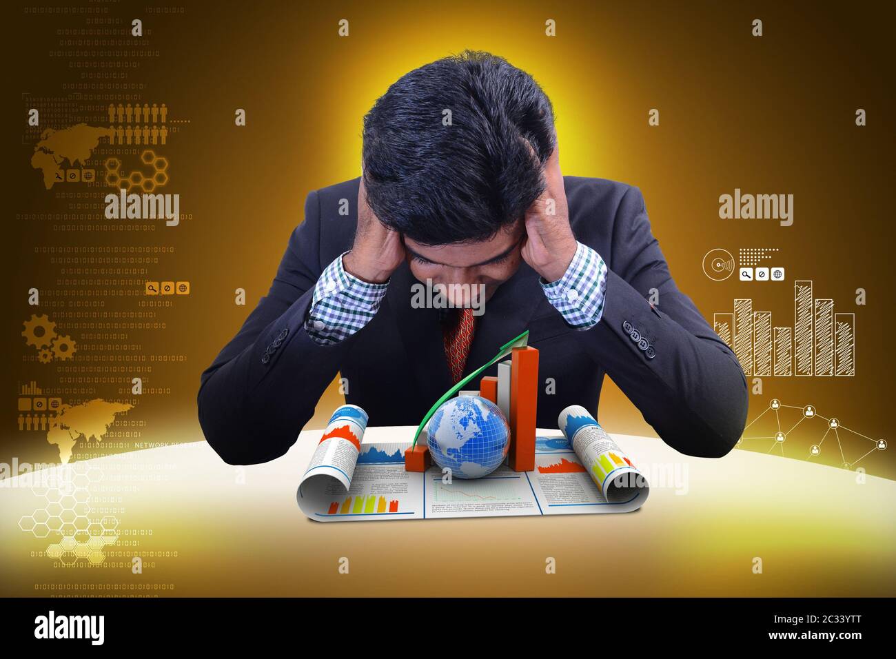 Business man watching growth graph and globe Stock Photo - Alamy