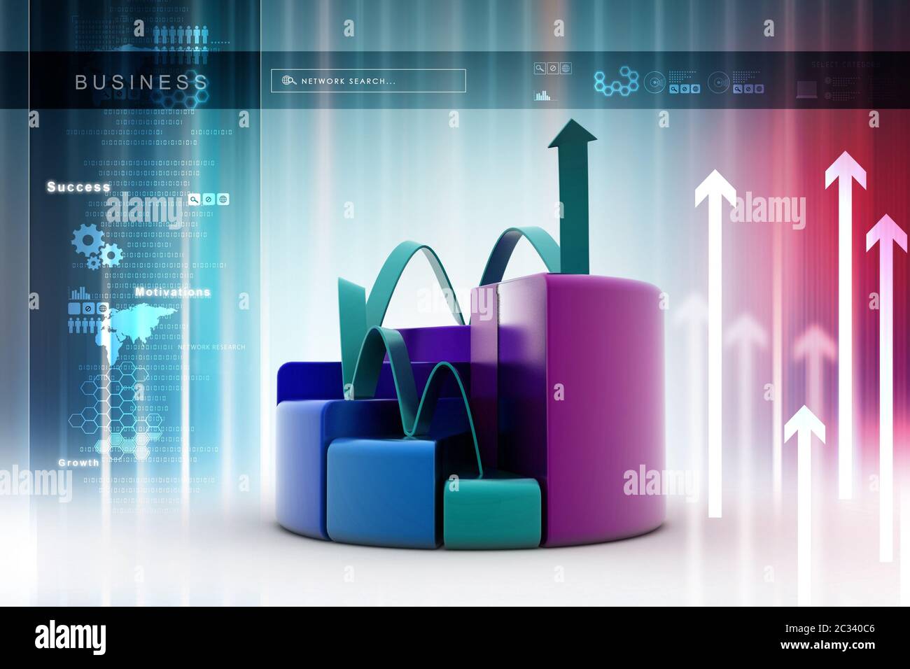 finance pie and bar chart graphs with growing arrow Stock Photo - Alamy