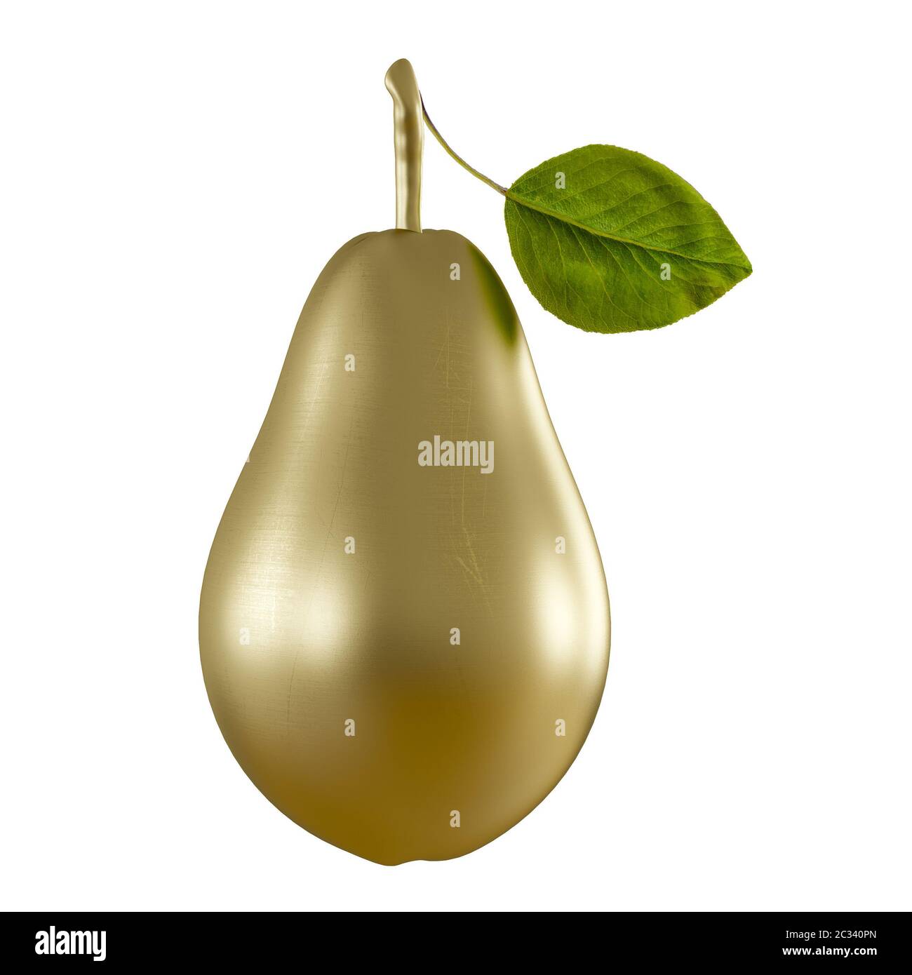 Golden pear with a shiny green leaf on a white background Stock Photo ...
