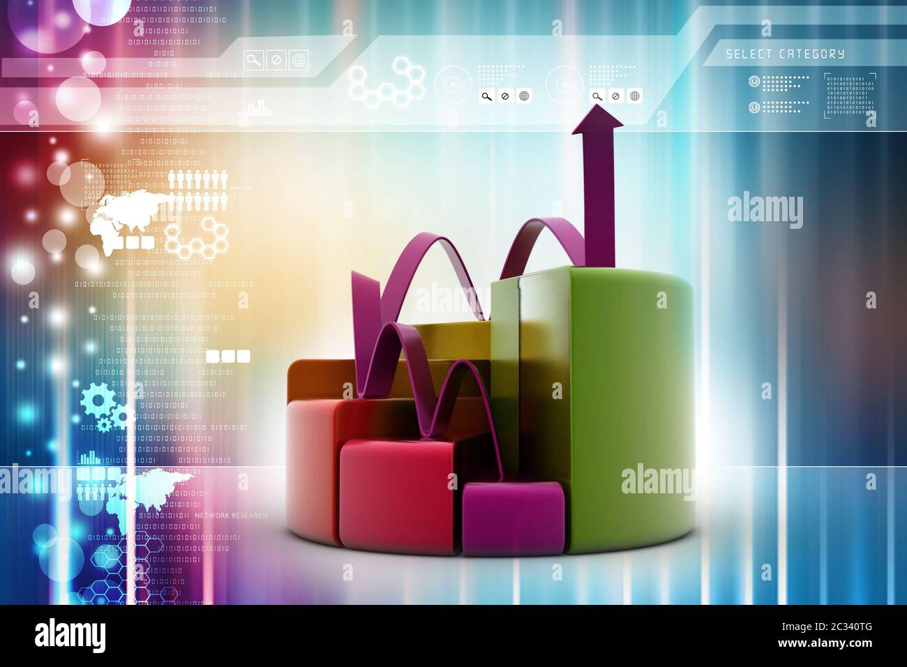 finance pie and bar chart graphs with growing arrow Stock Photo - Alamy