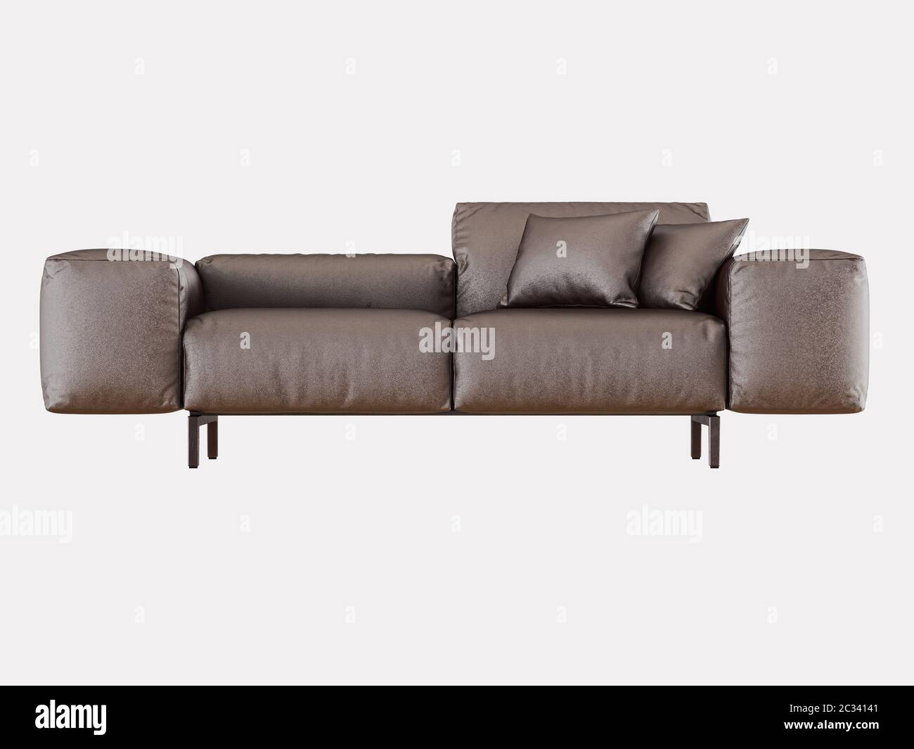 Brown soft leather sofa front view on a white background 3d rendering ...