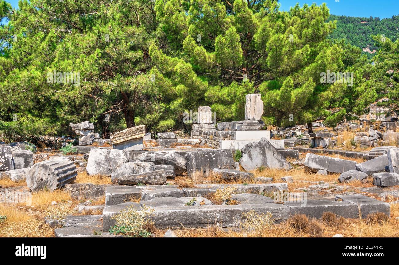 Ruins of the Ancient greek city of Priene in Turkey on a sunny summer ...