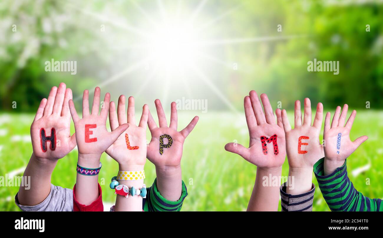 Children Hands Building Colorful Word Help Me. Green Grass Meadow As ...