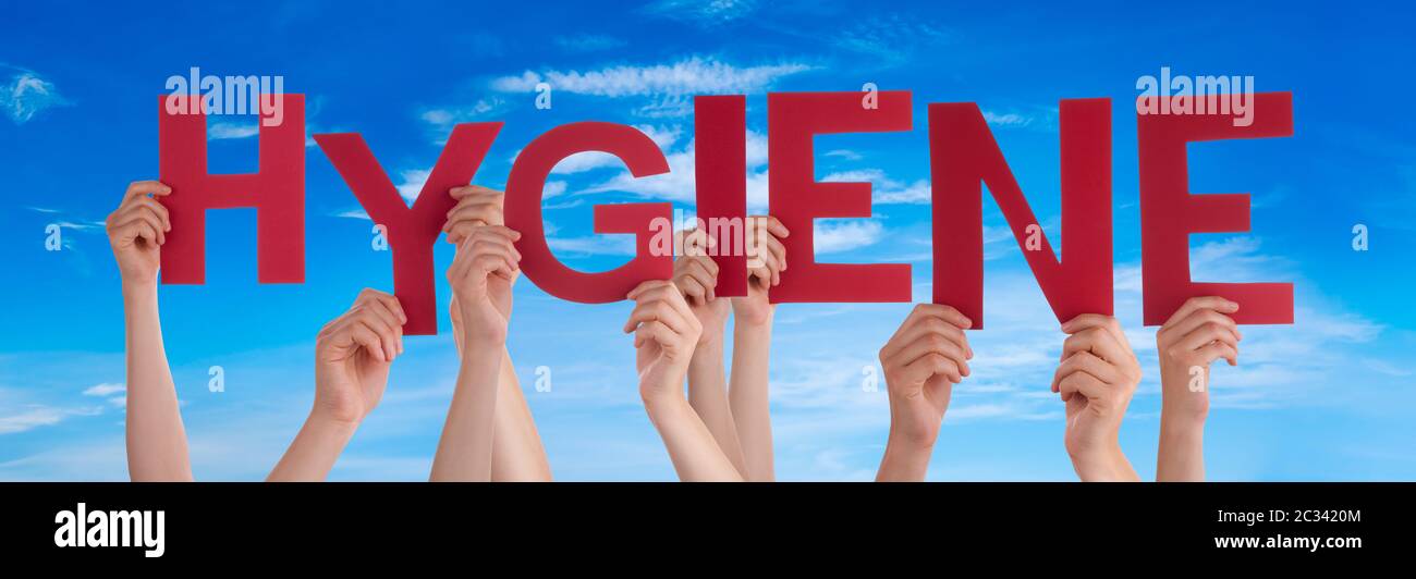 People Hands Holding Red English Word Hygiene. Blue Sky As Background ...