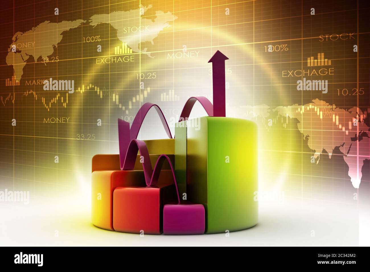 finance pie and bar chart graphs with growing arrow Stock Photo - Alamy