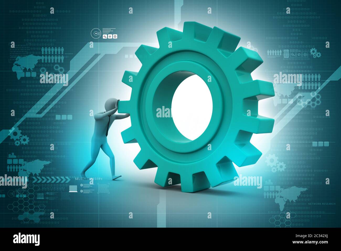 3d man pushing the gear Stock Photo - Alamy