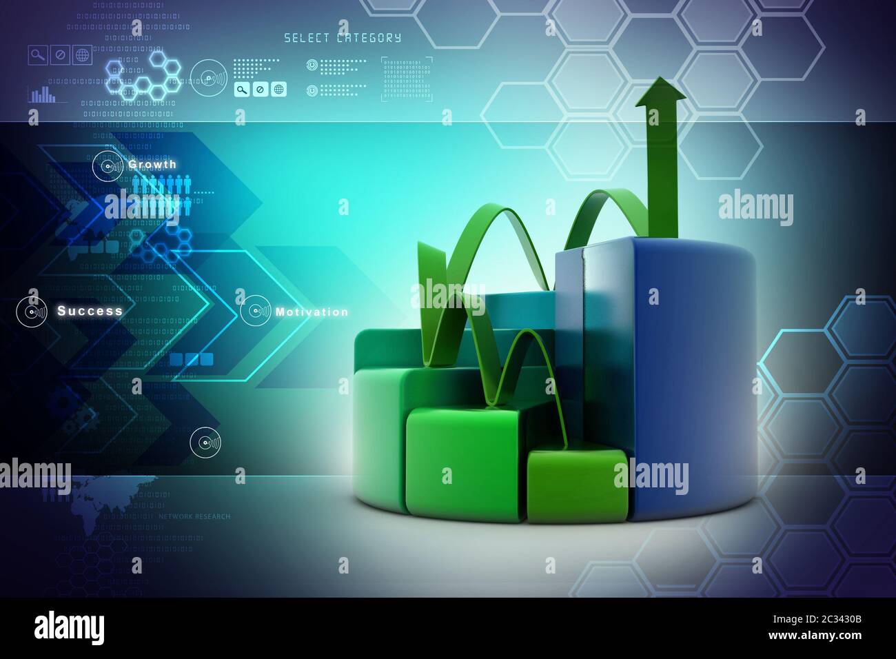 finance pie and bar chart graphs with growing arrow Stock Photo - Alamy