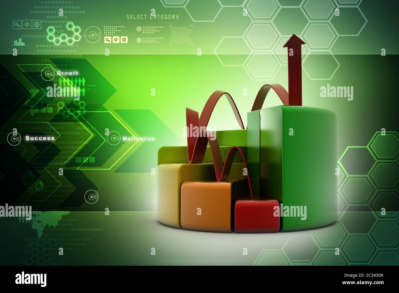 finance pie and bar chart graphs with growing arrow Stock Photo - Alamy