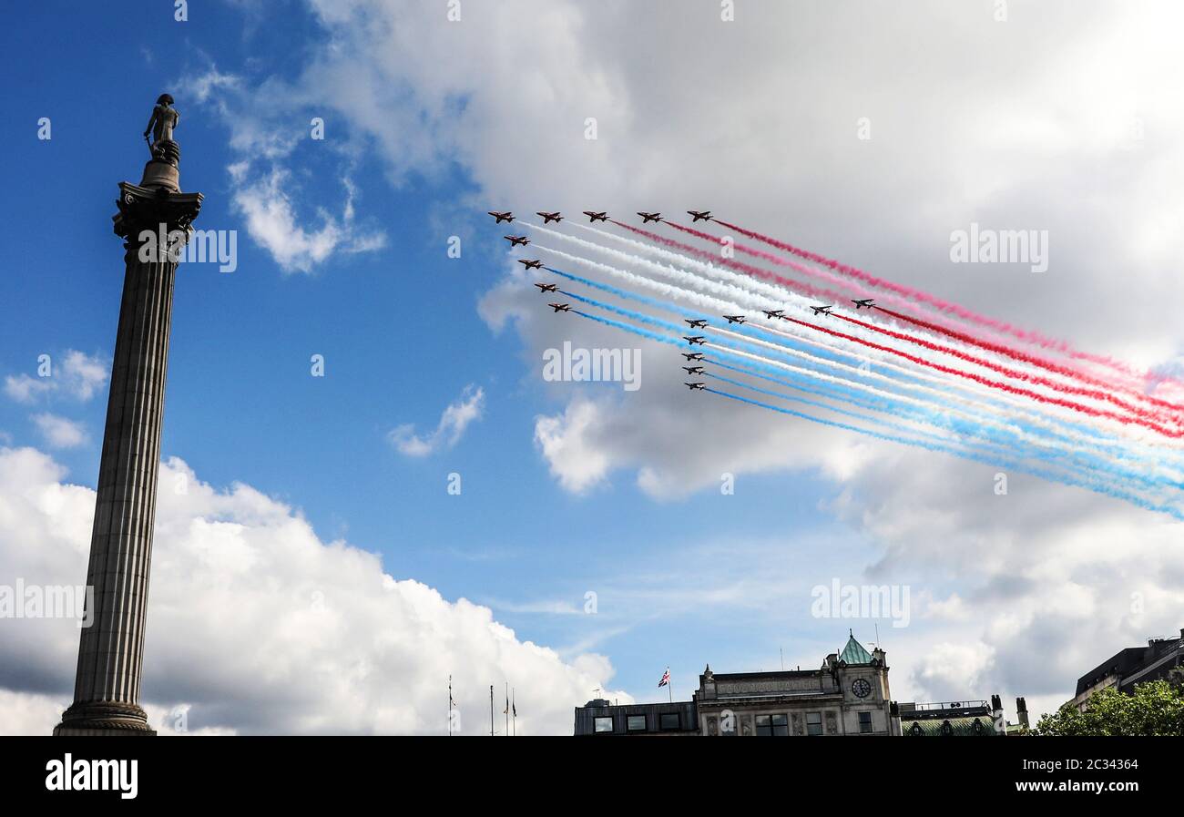 London, UK. 18th June, 2020. The RAF Red Arrows and Patrouille de ...