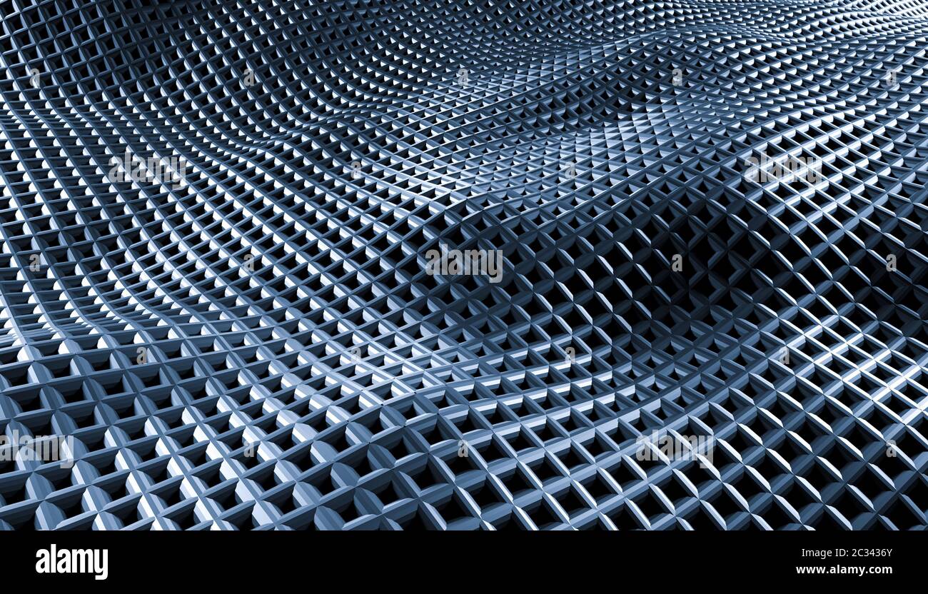 3d image render of geometric abstract grid waves on a black background ...