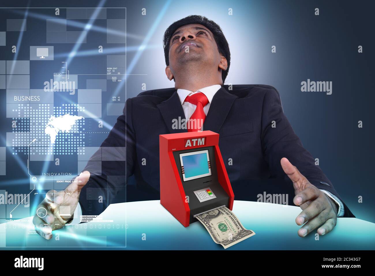 Business man with teller machine Stock Photo - Alamy
