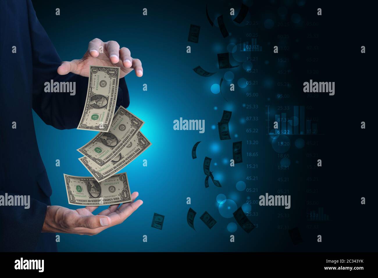 Greedy business man with dollar notes Stock Photo - Alamy