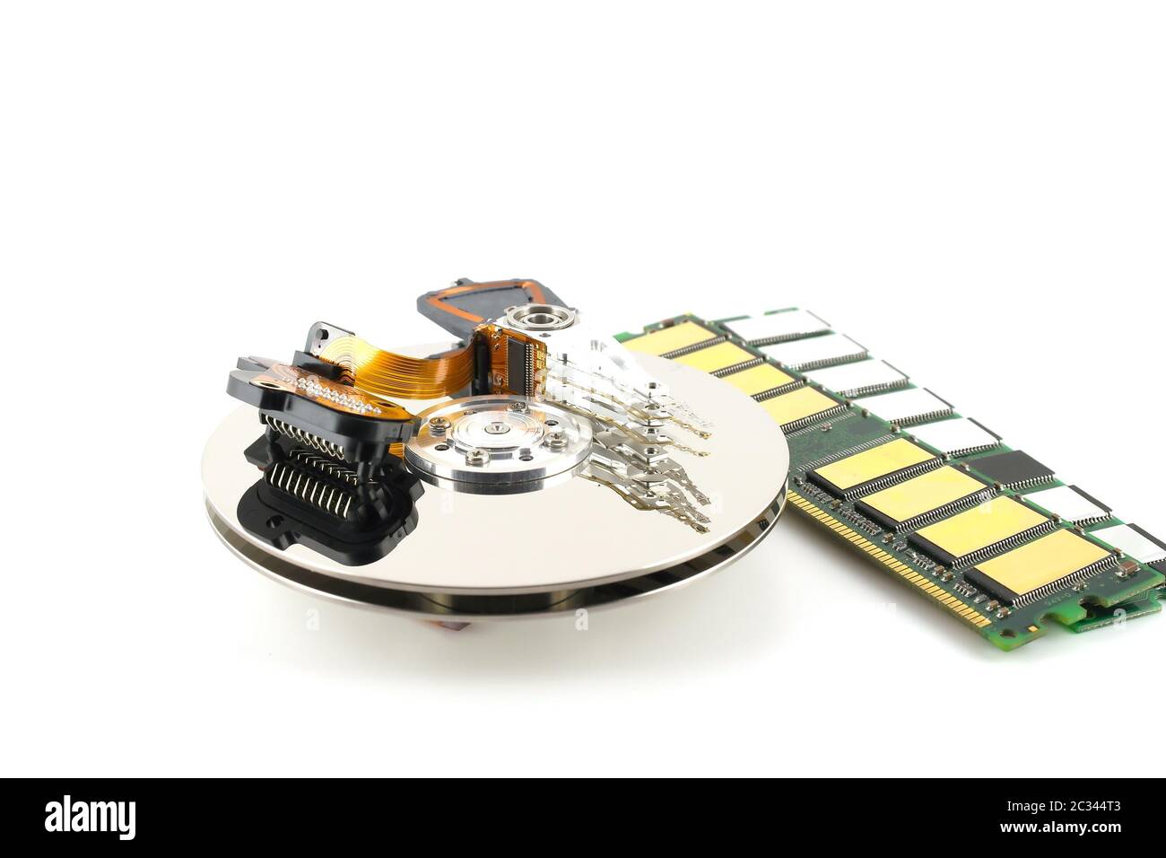 Elements of hard drive with chips over white Stock Photo - Alamy