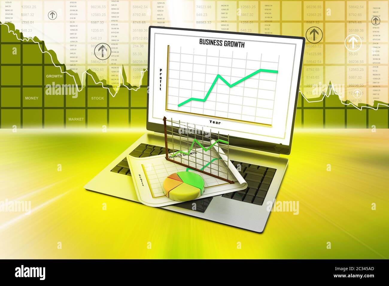Laptop showing a spreadsheet and a paper with statistic charts Stock ...