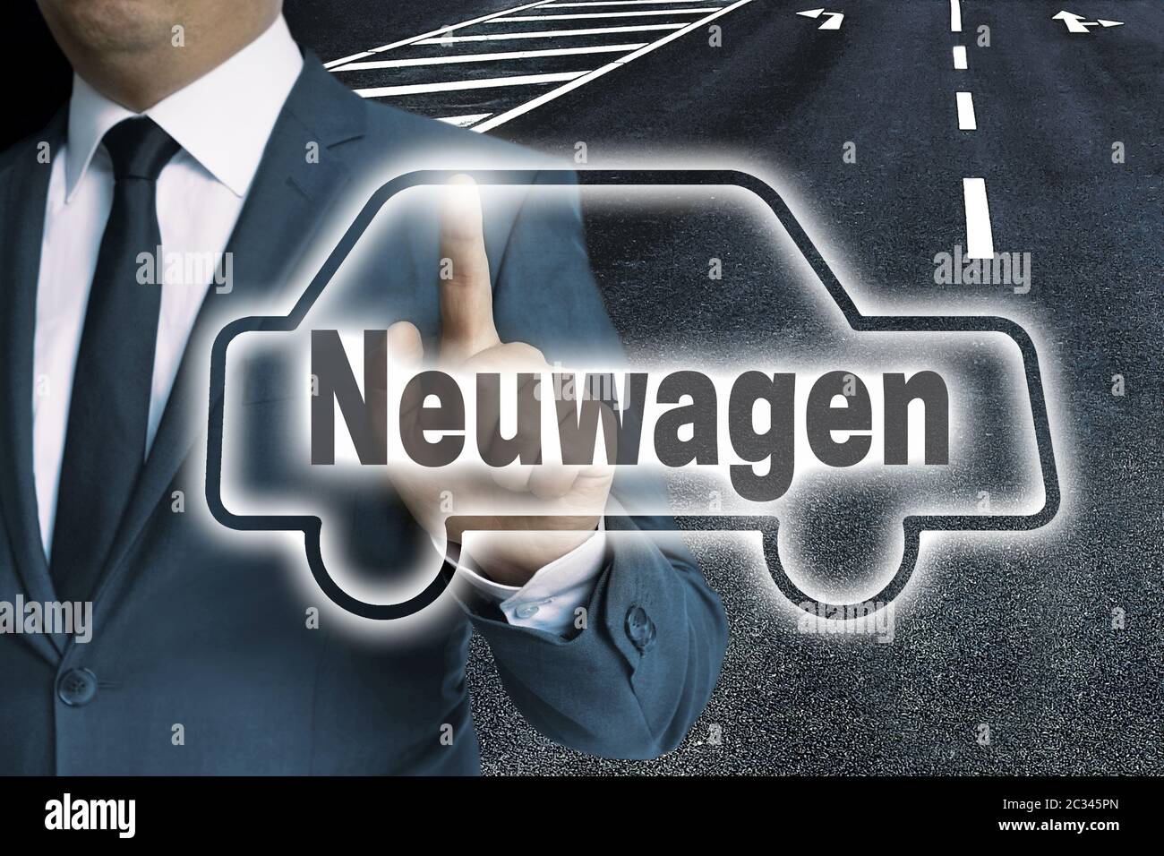 Neuwagen (in german New car) car touchscreen is operated by man concept ...