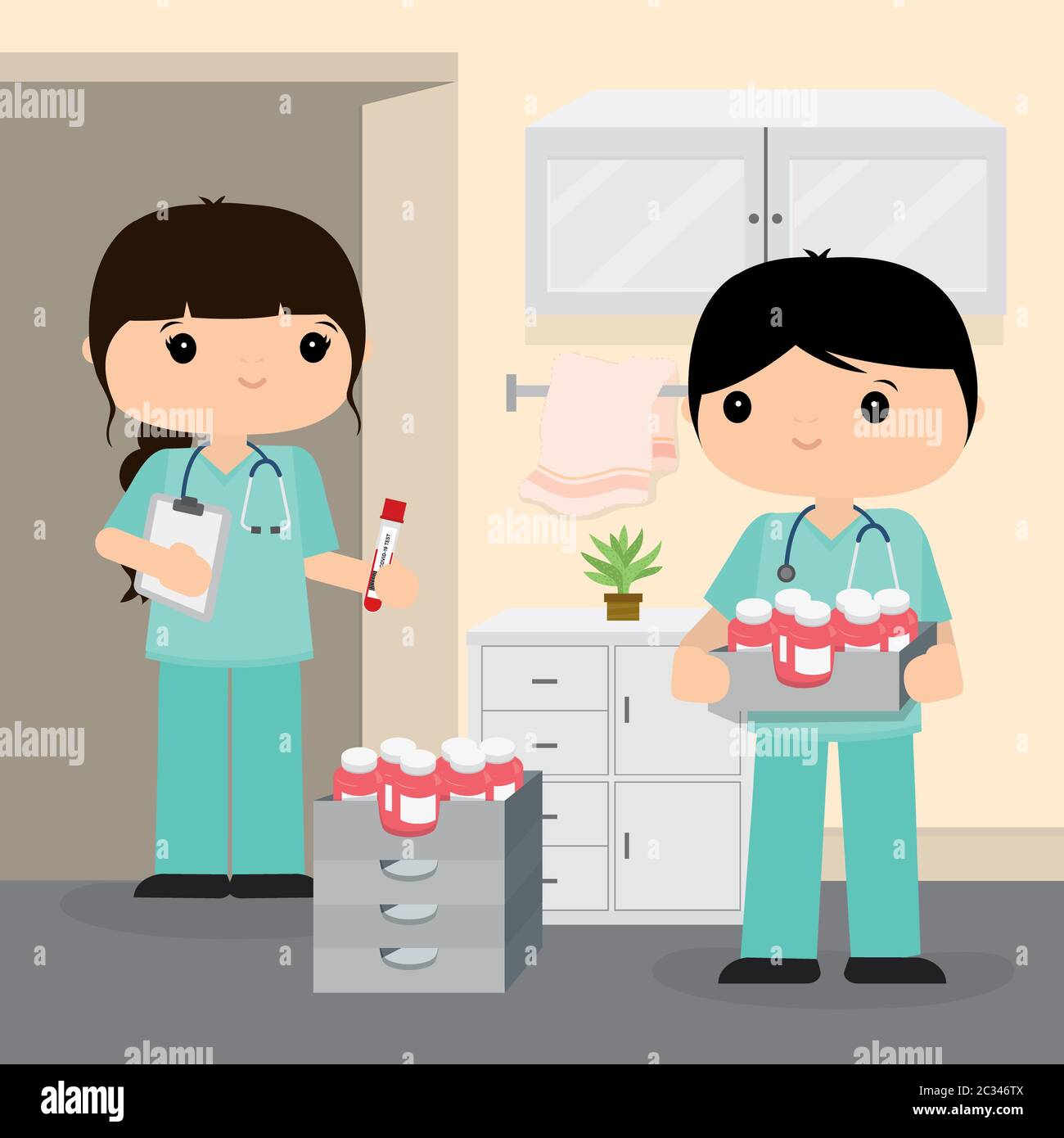 Doctor young man and woman working in the room at hospital. Medical ...