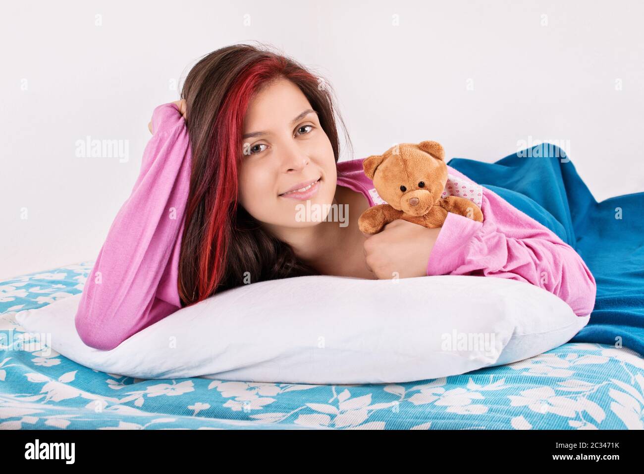 Good Morning Concept Beautiful Young Woman In Pink Pajamas Lying In