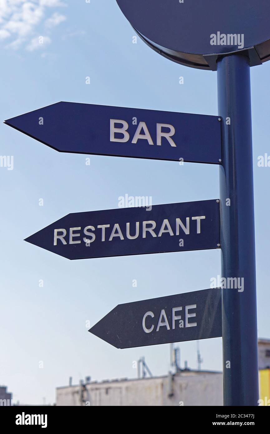 Black sign post for bar restaurant and cafe direction arrow Stock Photo ...