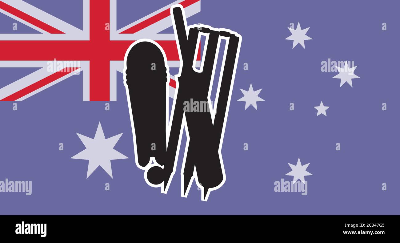 The flag of Australia with typical cricket icons in silhouette Stock ...