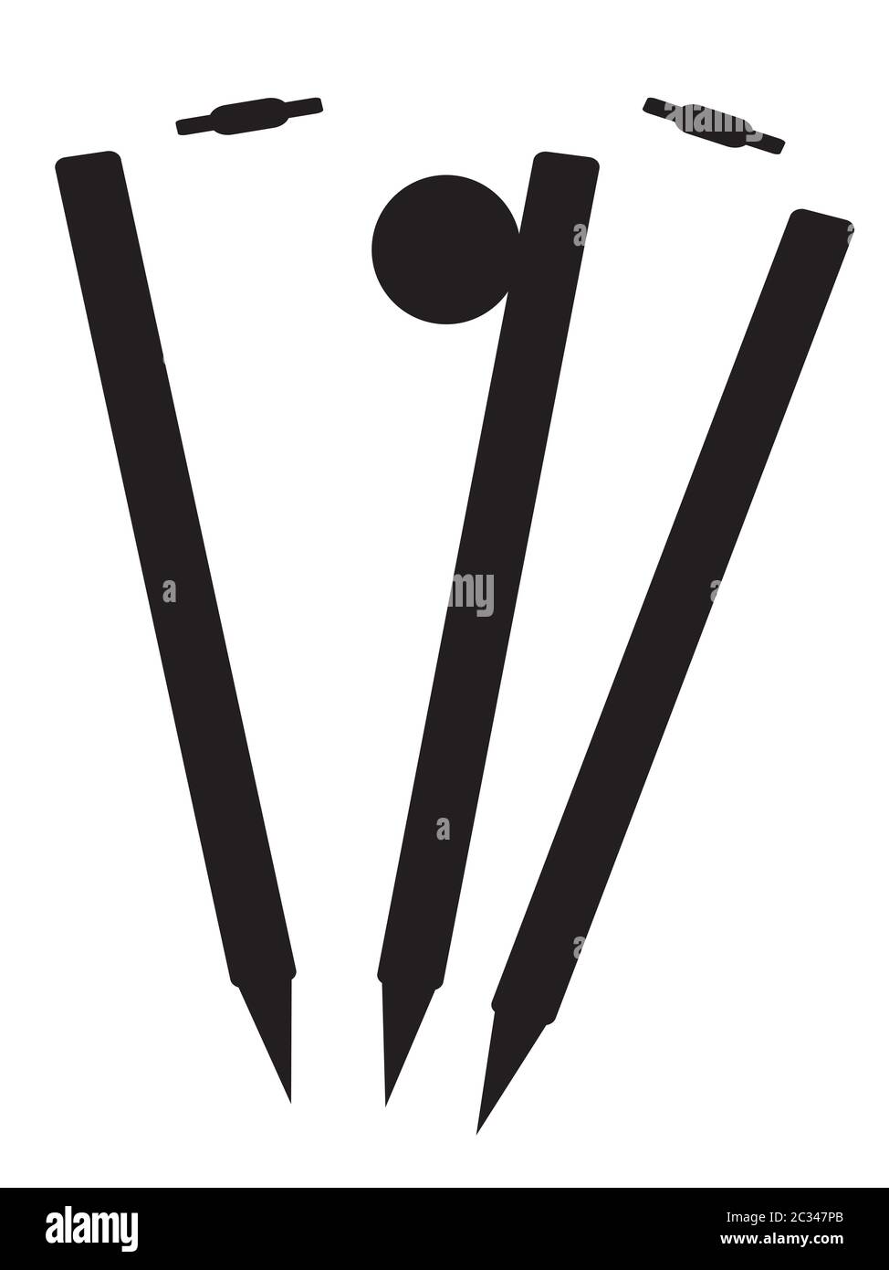 Set of cricket wickets and bails being bowled out in black silhouette ...