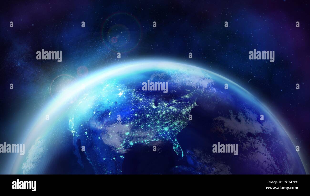 Closeup dawn over the planet Earth. The night half of the Globe Stock ...