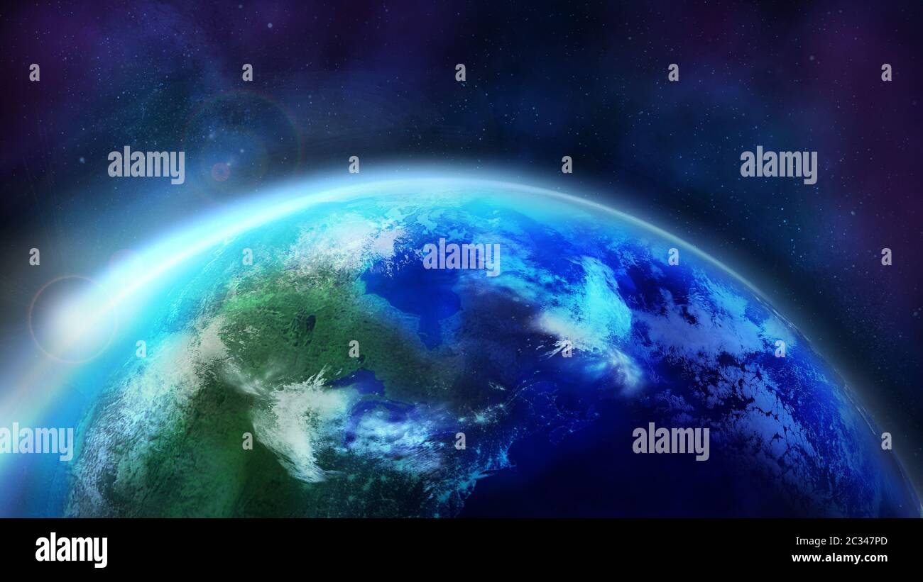 Closeup dawn over the planet Earth. Globe is half illuminated by the ...