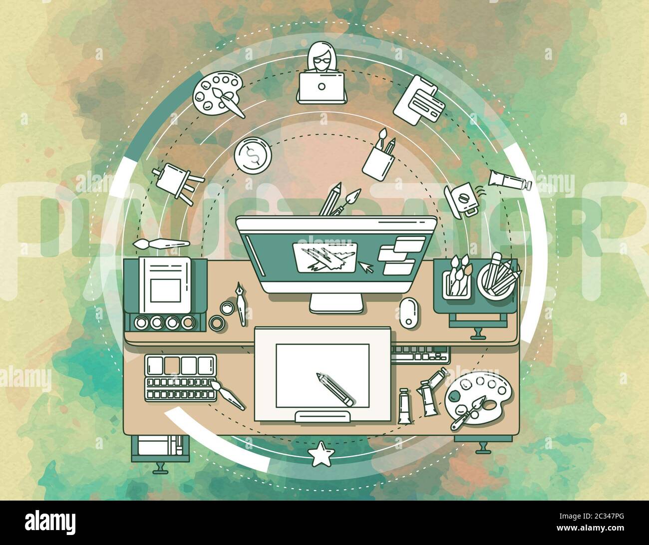 Creative, complex illustration on illustrators. The image contains many ...