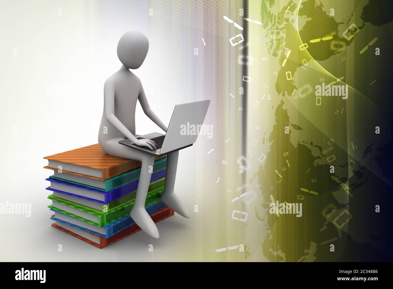 3d man sitting on books and working at his laptop Stock Photo - Alamy