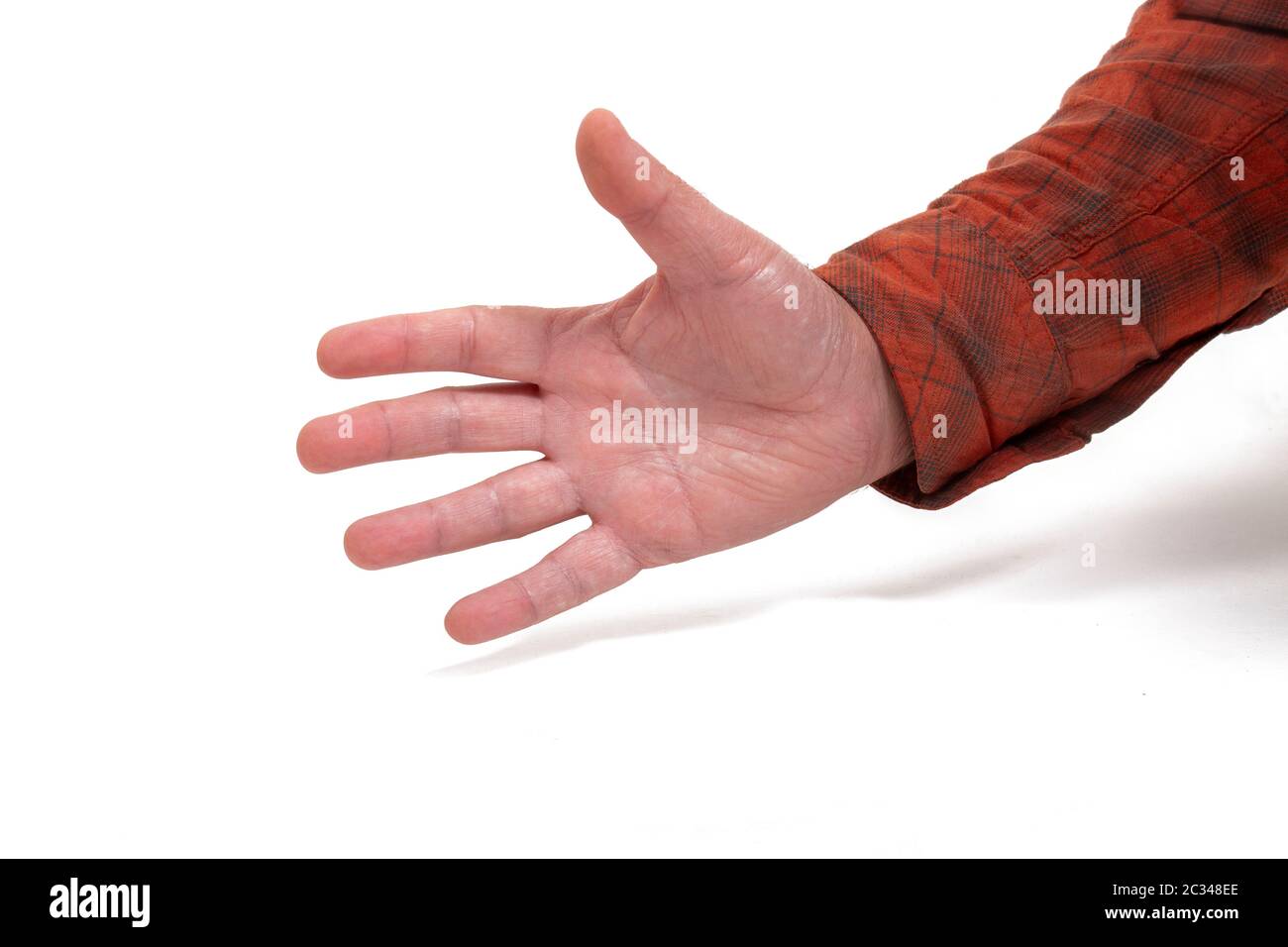 empty male hand closeup concept meaning hello, open palm, five fingers ...