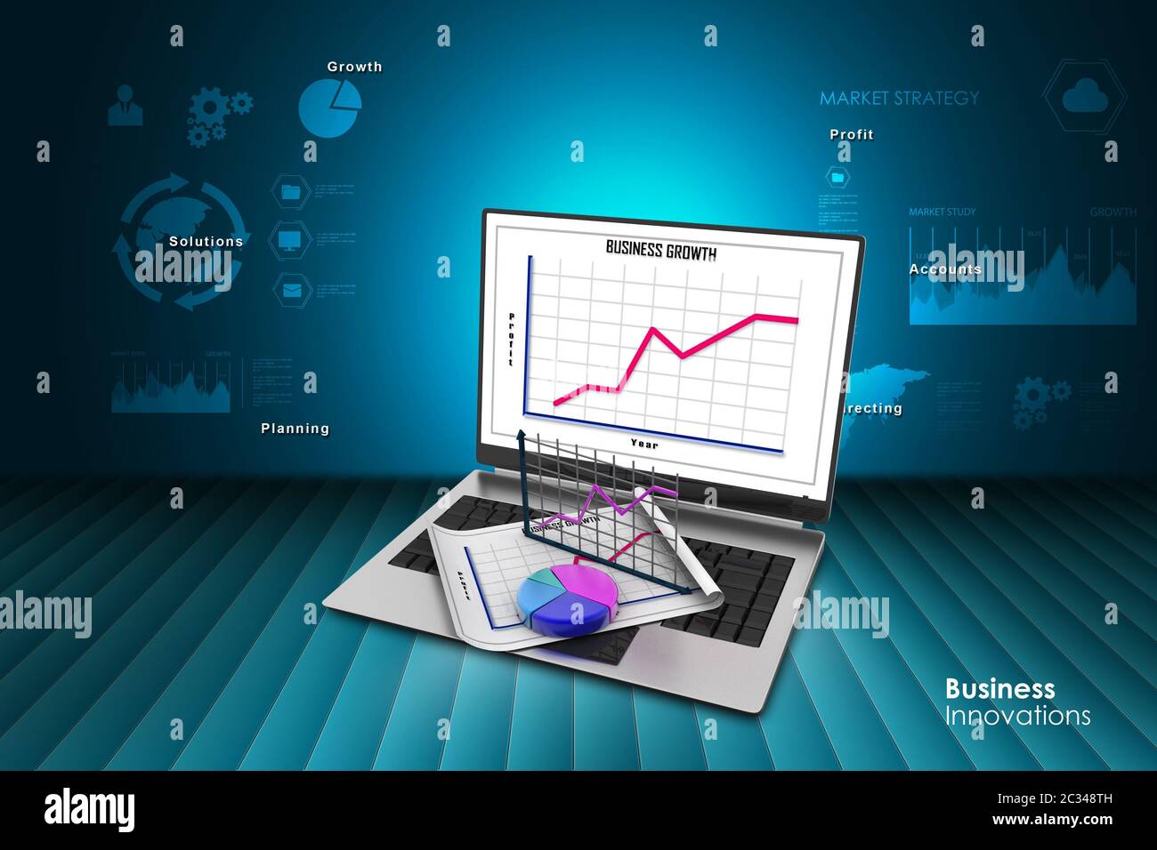 Laptop showing a spreadsheet and a paper with statistic charts Stock ...