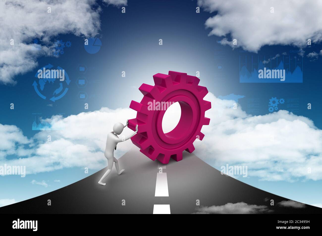 3d man pushing the gear Stock Photo - Alamy