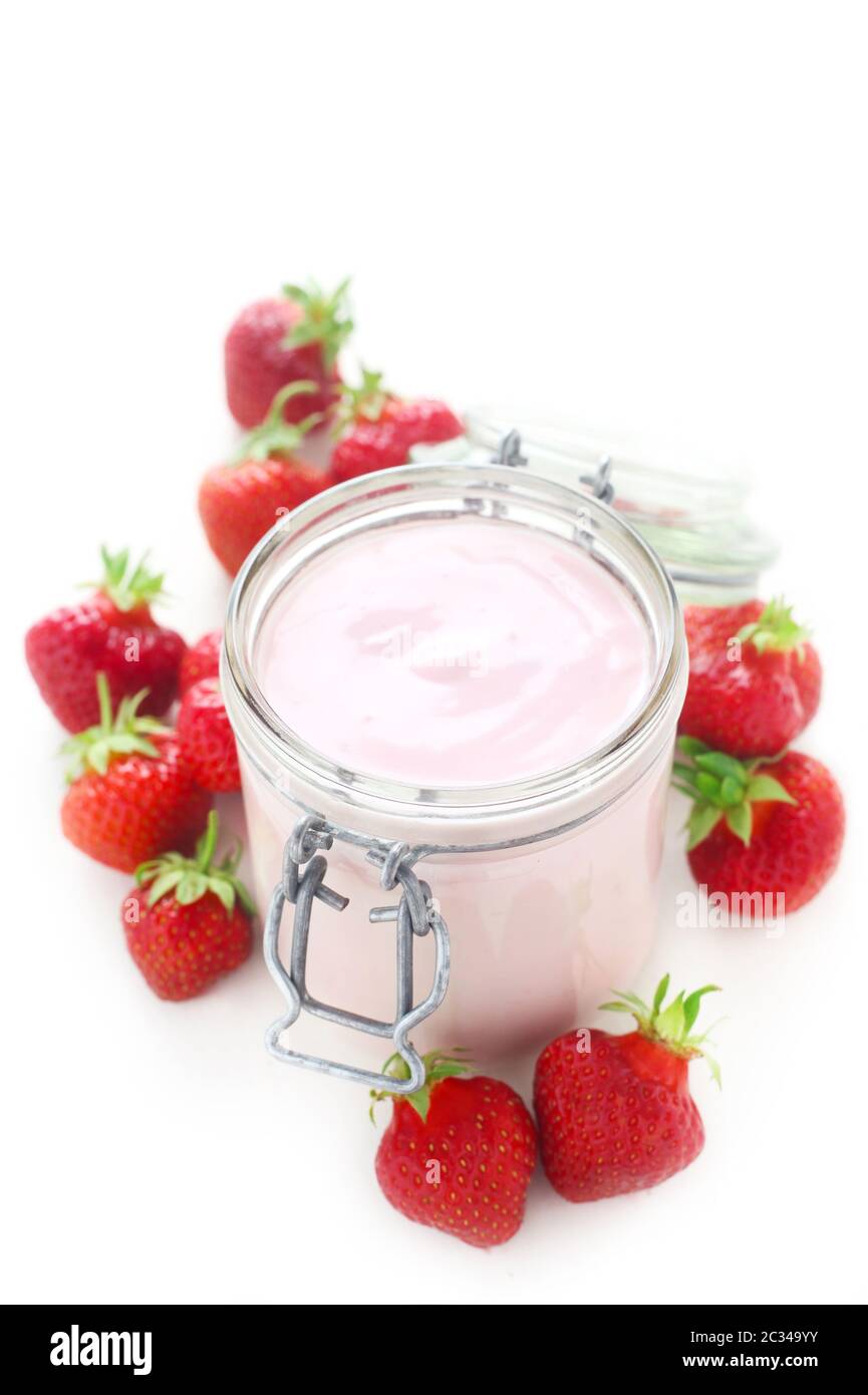 A Jar Of Strawberry Yogurt Isolated On White Stock Photo - Alamy