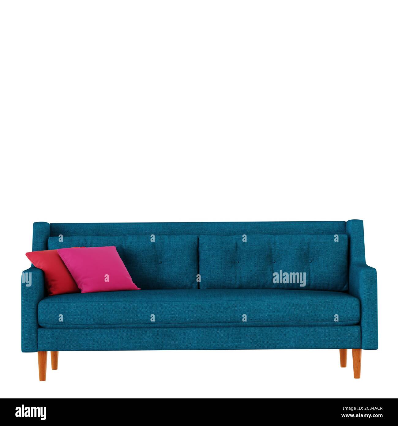 Blue fabric sofa with pillows on a white background 3d rendering front ...