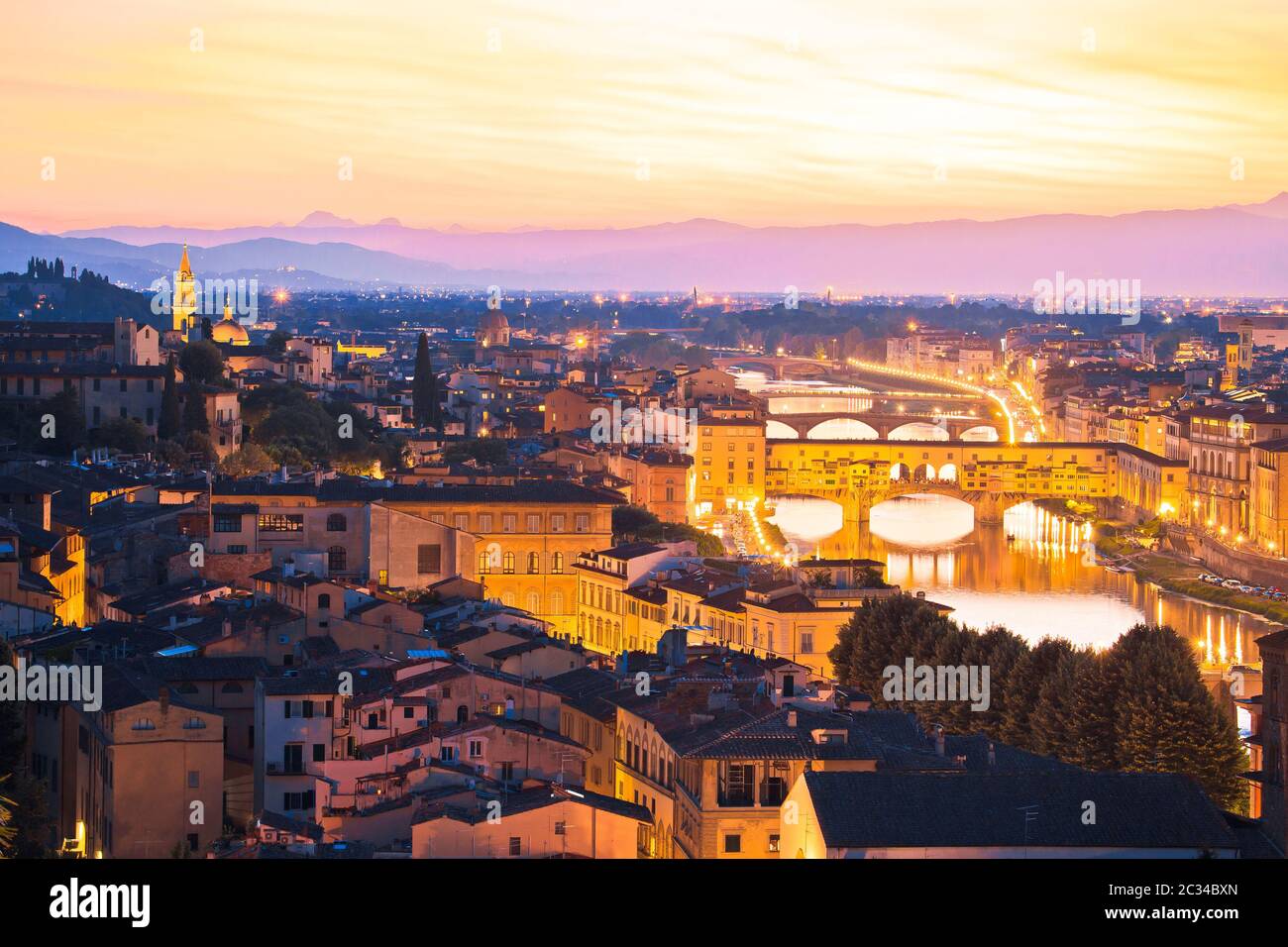 Florence cityscape and Arno river bridges sunset view Stock Photo - Alamy