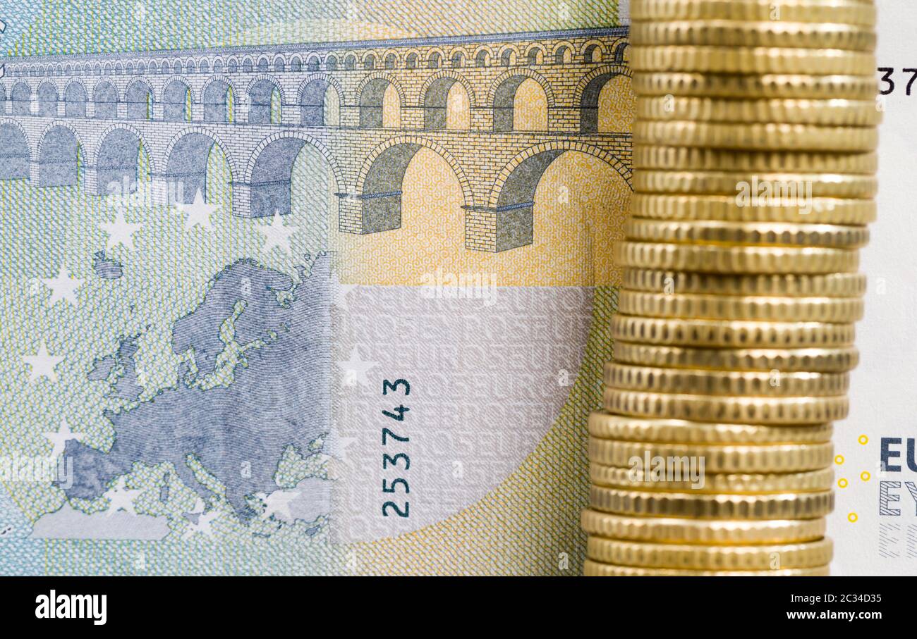 five Euro, close-up photo of a part of a European five Euro banknote ...