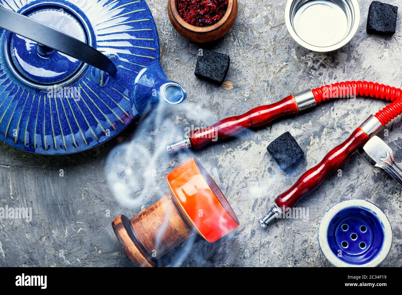 Details of tobacco hookah and teapot with tea.Eastern smoking shisha ...