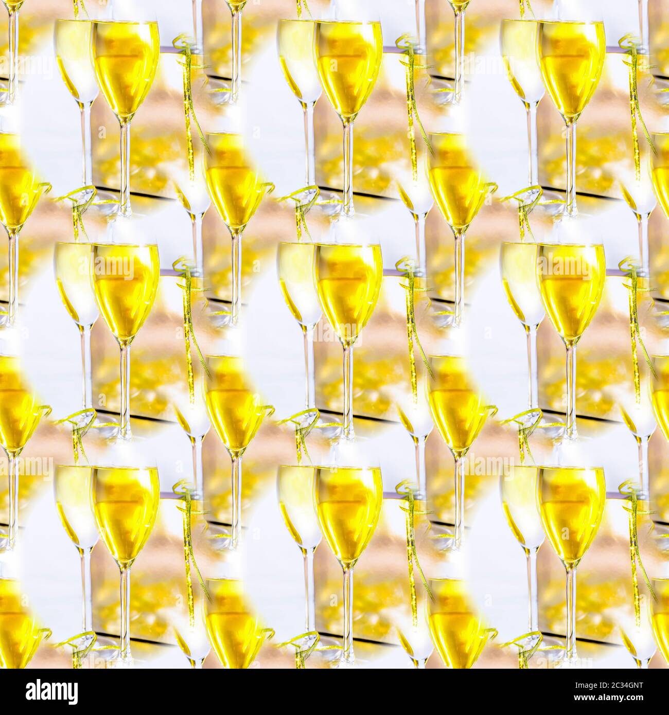 Seamless abstract festive white background with glasses of yellow wine ...