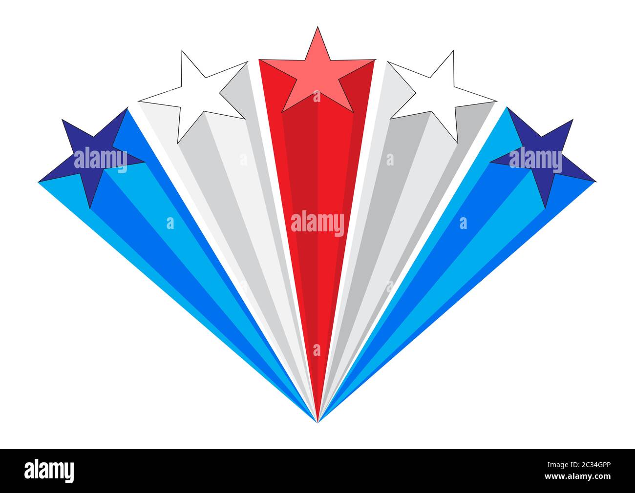 An aray of stars with red white and blue color rays trailing on a white ...