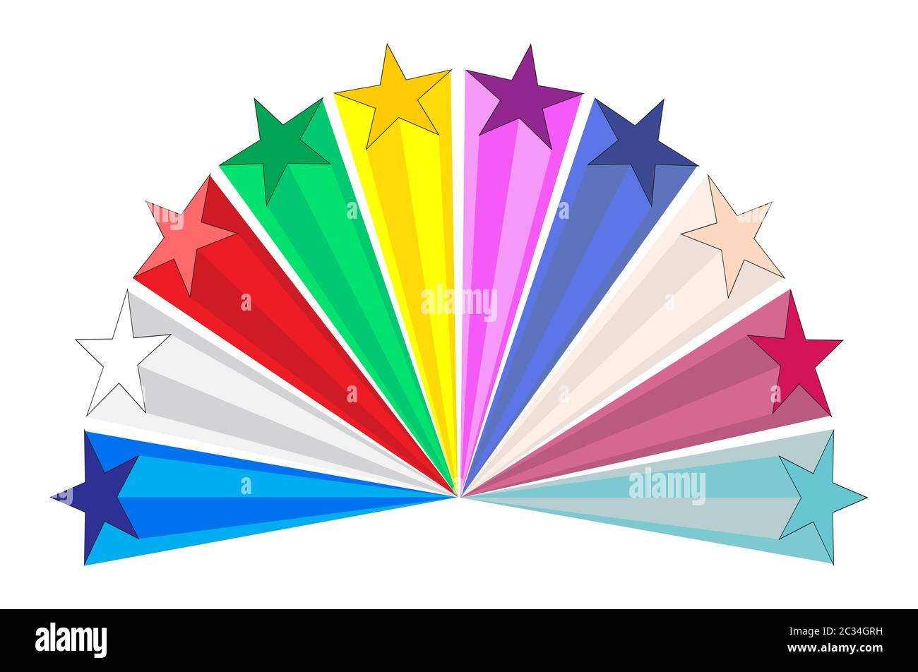 An aray of stars with a multi color rays trailing on a white background ...