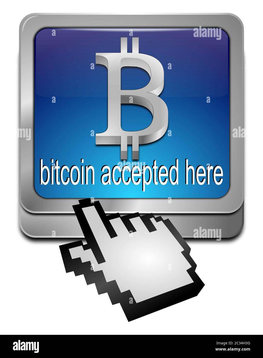 glossy blue Bitcoin accepted here button with cursor - 3D illustration ...