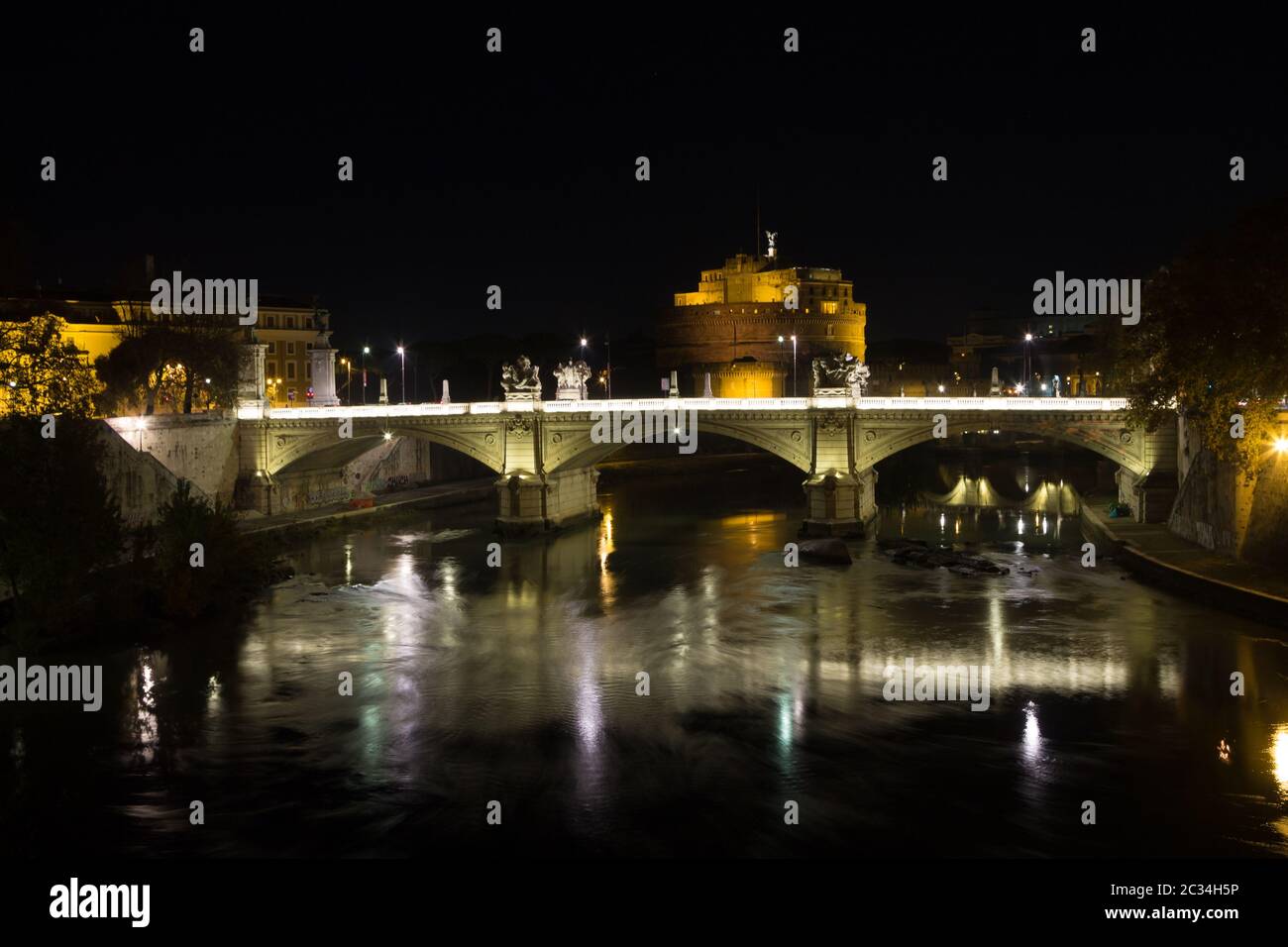 Night scene of Rome, Tevere river and Mausoleum of Hadrian. Italian ...