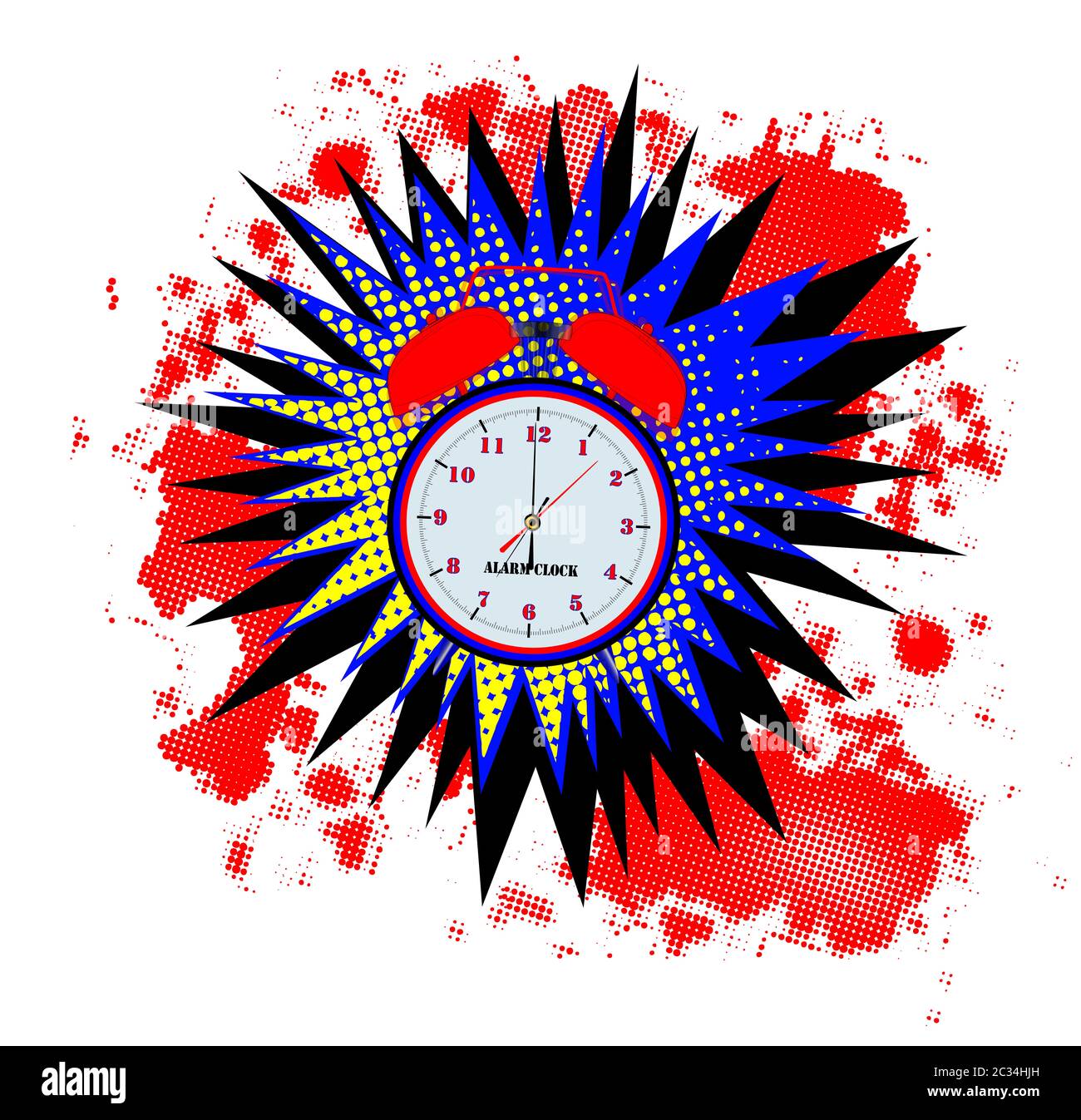 A comic cartoon style alarm clock wake up explosion over a white ...
