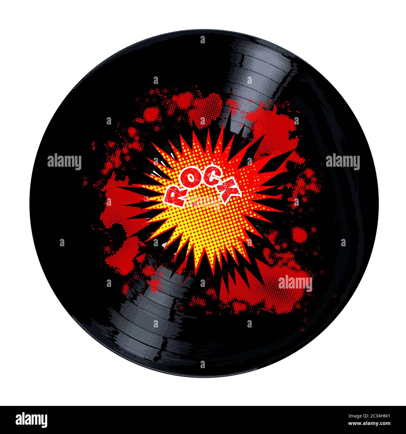 A comic cartoon style rock explosion rock record noise over a white ...