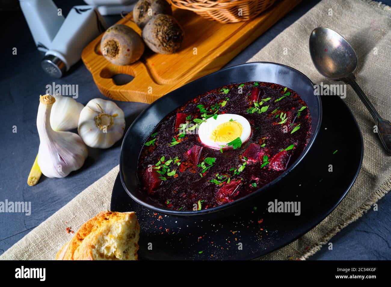 Delicious beetroot borscht with egg Stock Photo - Alamy